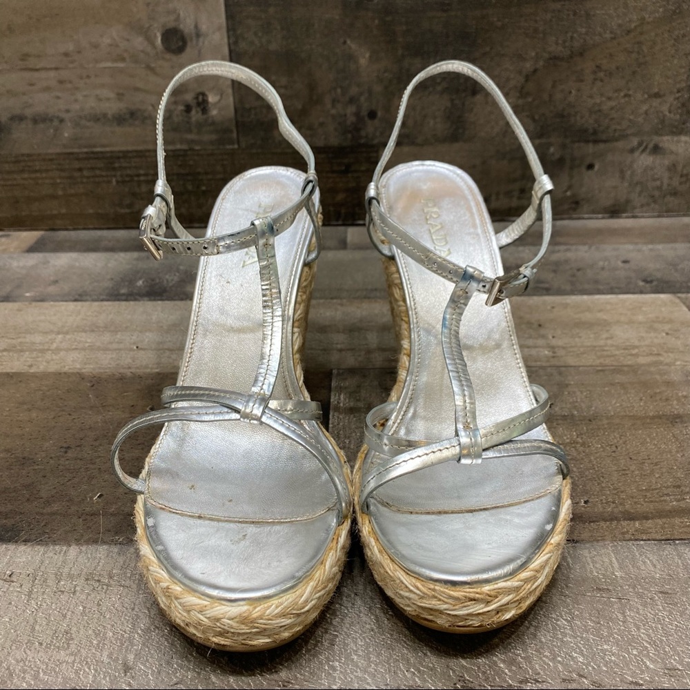 Prada Womens Wedge Silver Slingback Heels Sandals Siz… - Gem